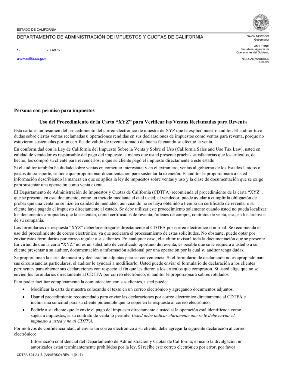 Formulario CDTFA-504-A1-S - Fill Out, Sign Online and Download Fillable PDF, California (Spanish ...