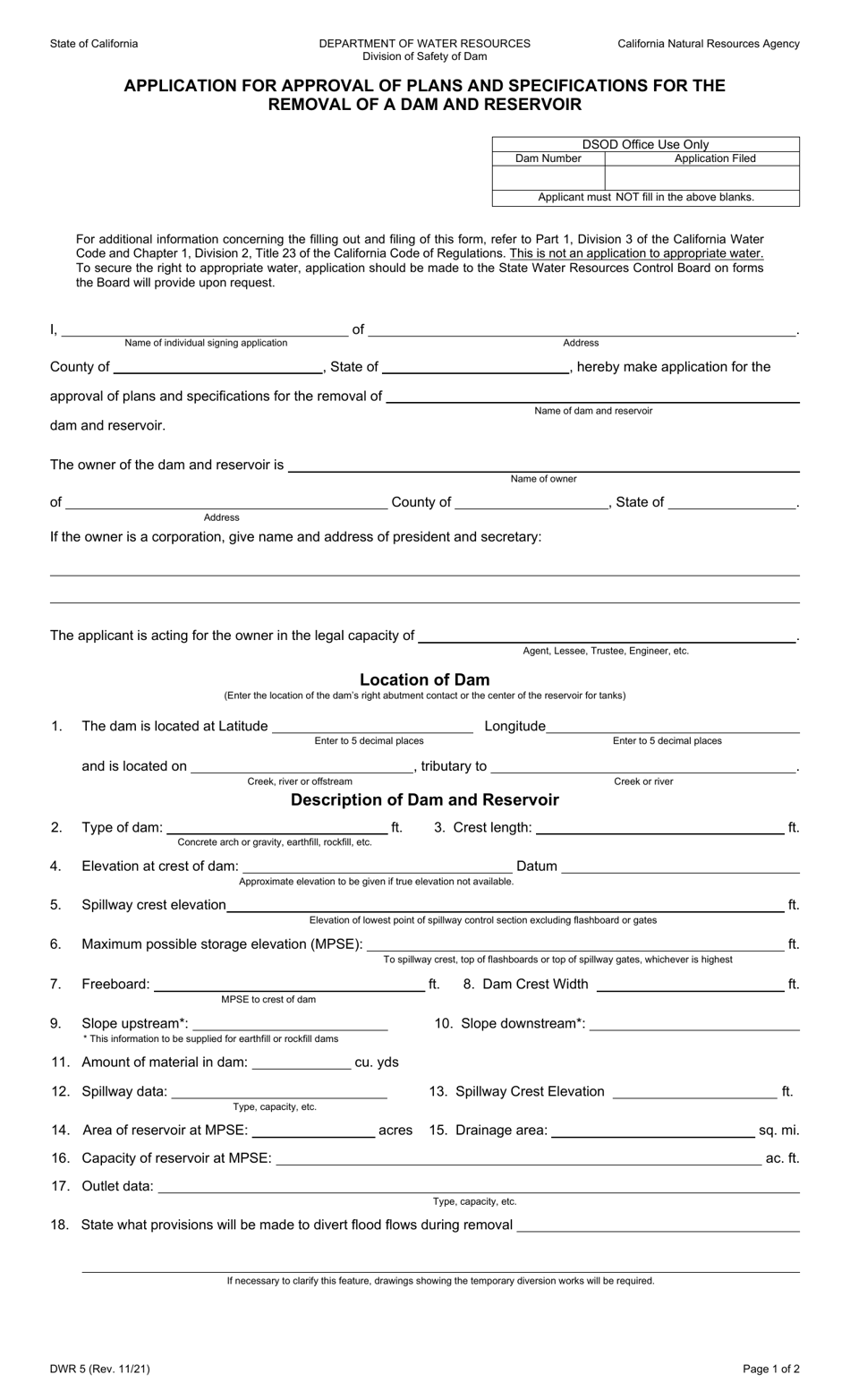 Form DWR5 - Fill Out, Sign Online and Download Fillable PDF, California ...