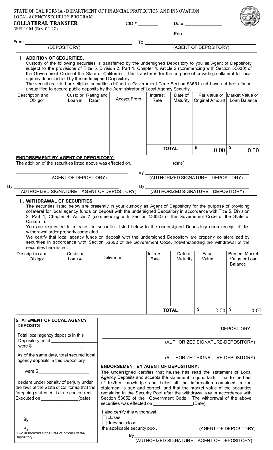 Form DFPI-1004 Download Fillable PDF or Fill Online Collateral Transfer - Local Agency Security ...