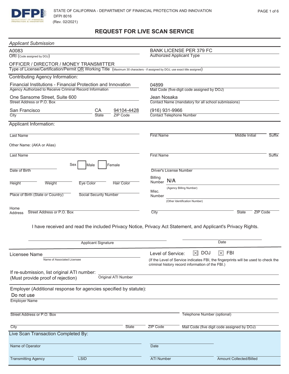 Form DFPI-8016 - Fill Out, Sign Online and Download Fillable PDF ...