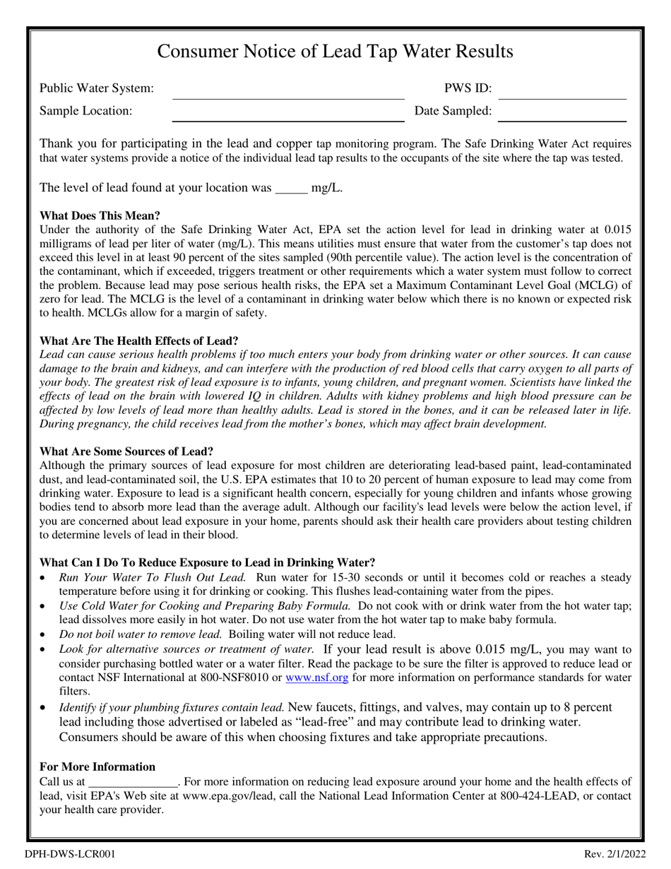 Form DPH-DWS-LCR001 Download Fillable PDF or Fill Online Consumer ...