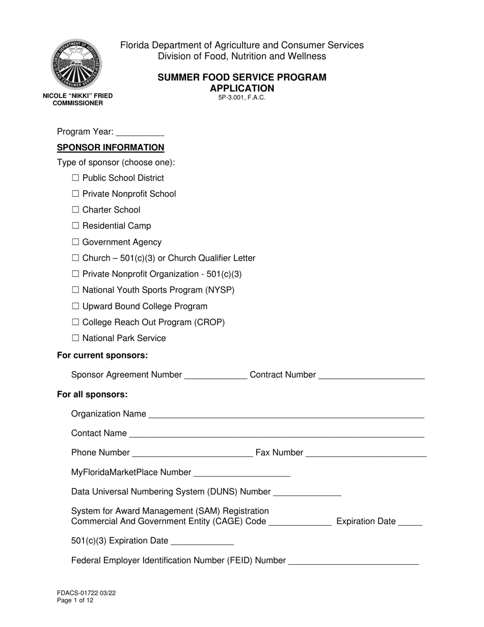 Form FDACS-01722 - Fill Out, Sign Online and Download Printable PDF ...