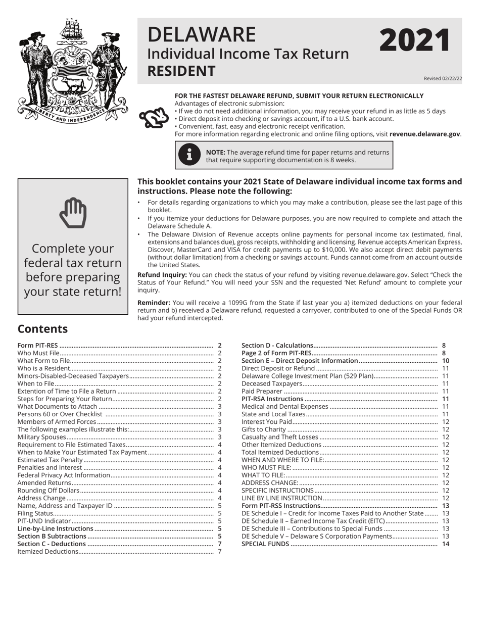 Download Instructions for Form PIT-RES Delaware Individual Resident ...
