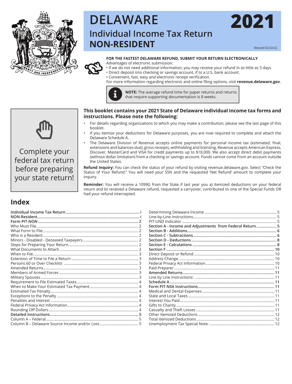 Download Instructions for Form PIT-NON Delaware Individual Non-resident ...
