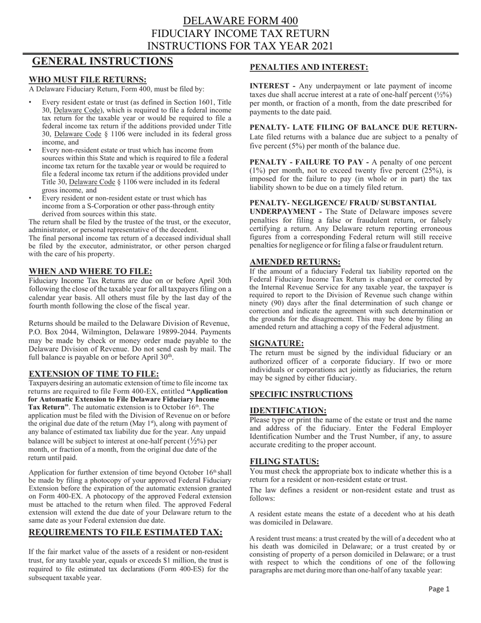 Download Instructions for Form 400 Delaware Fiduciary Income Tax Return ...