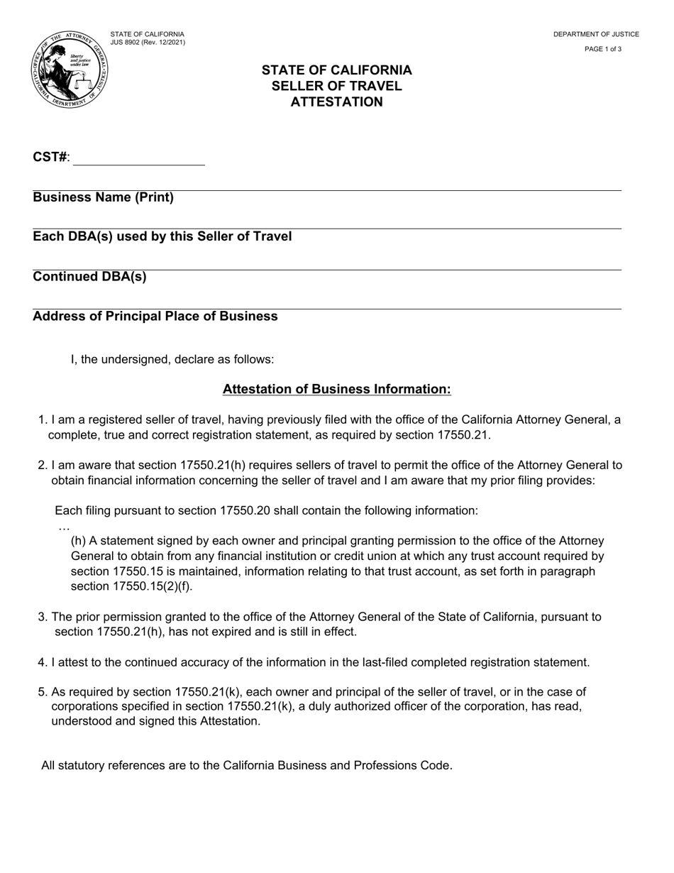 Form JUS8902 Download Fillable PDF or Fill Online Seller of Travel ...