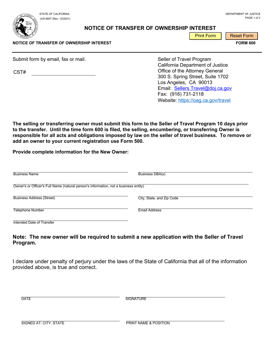 Form 600 (JUS8807) Download Fillable PDF or Fill Online Notice of ...