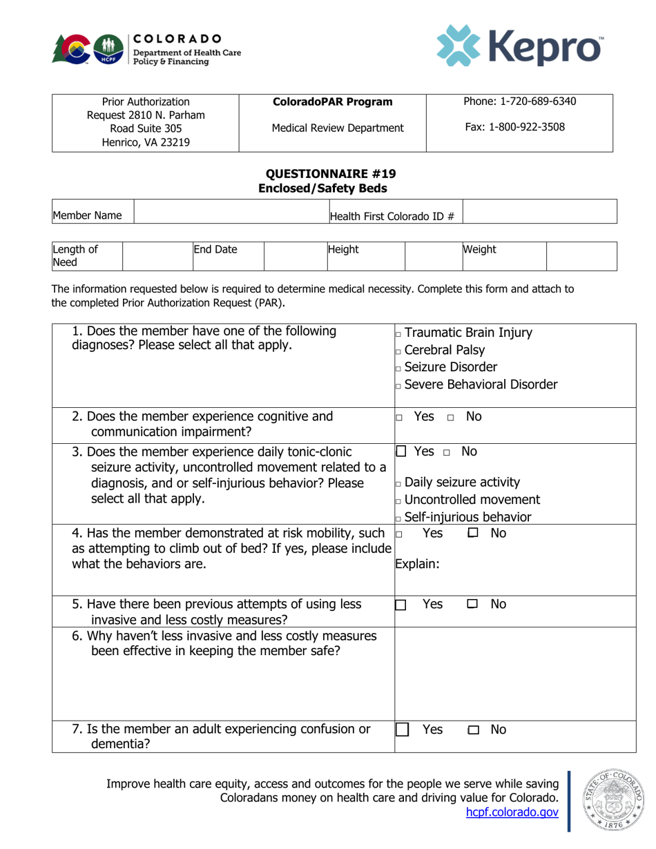 Colorado Questionnaire 19 - Enclosed/Safety Beds - Fill Out, Sign ...
