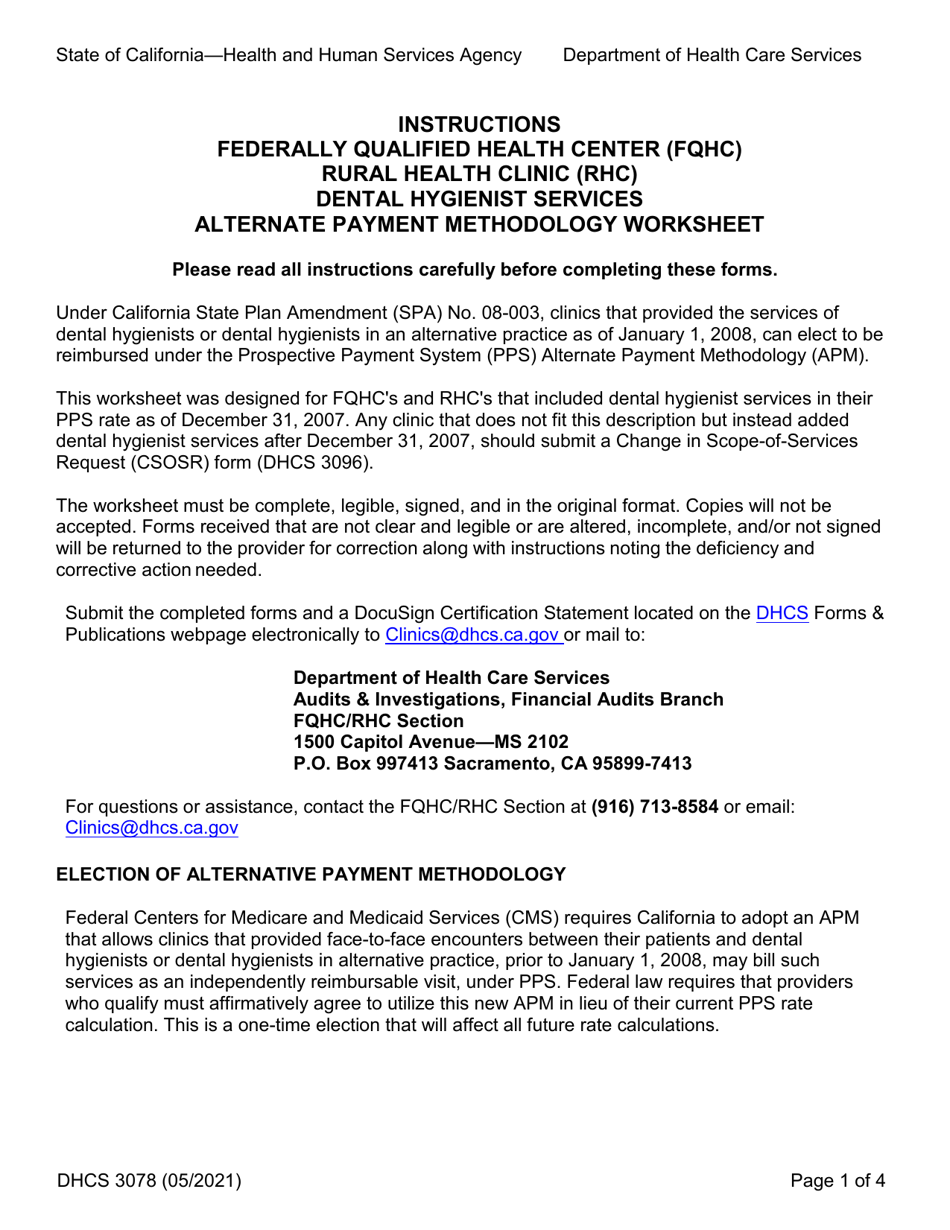 Download Instructions for Form DHCS3078 Dental Hygienist Services ...