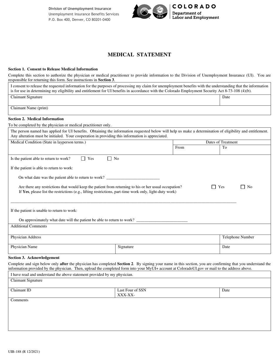 Form UIB-188 Download Printable PDF or Fill Online Medical Statement ...