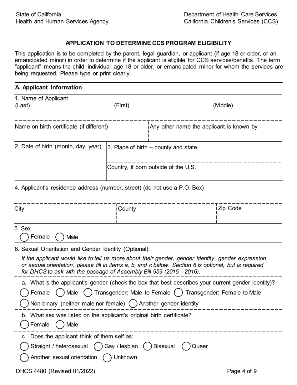Form Dhcs4480 Download Fillable Pdf Or Fill Online Application To