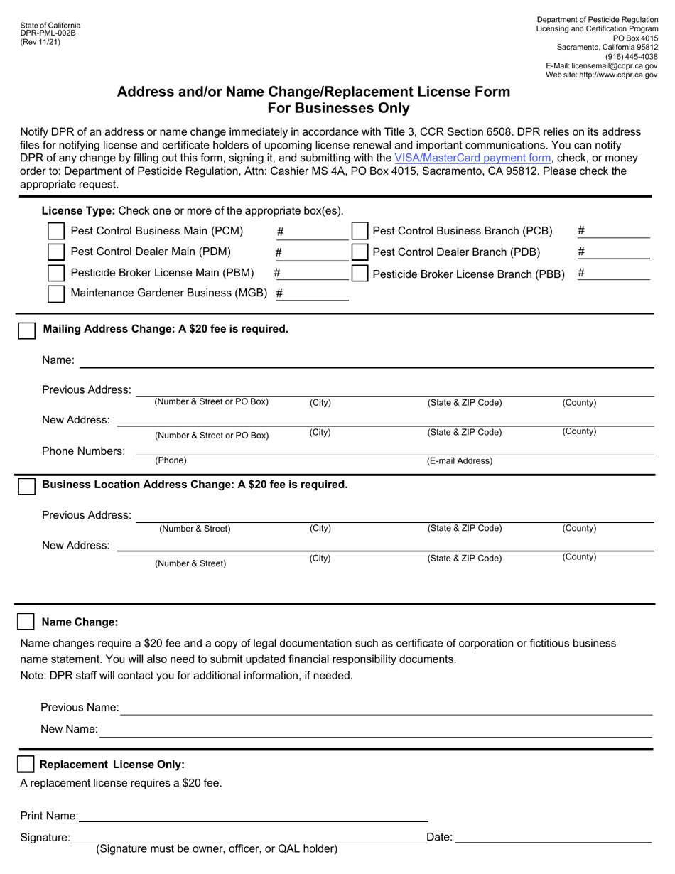 Form DPR-PML-002B - Fill Out, Sign Online and Download Fillable PDF ...