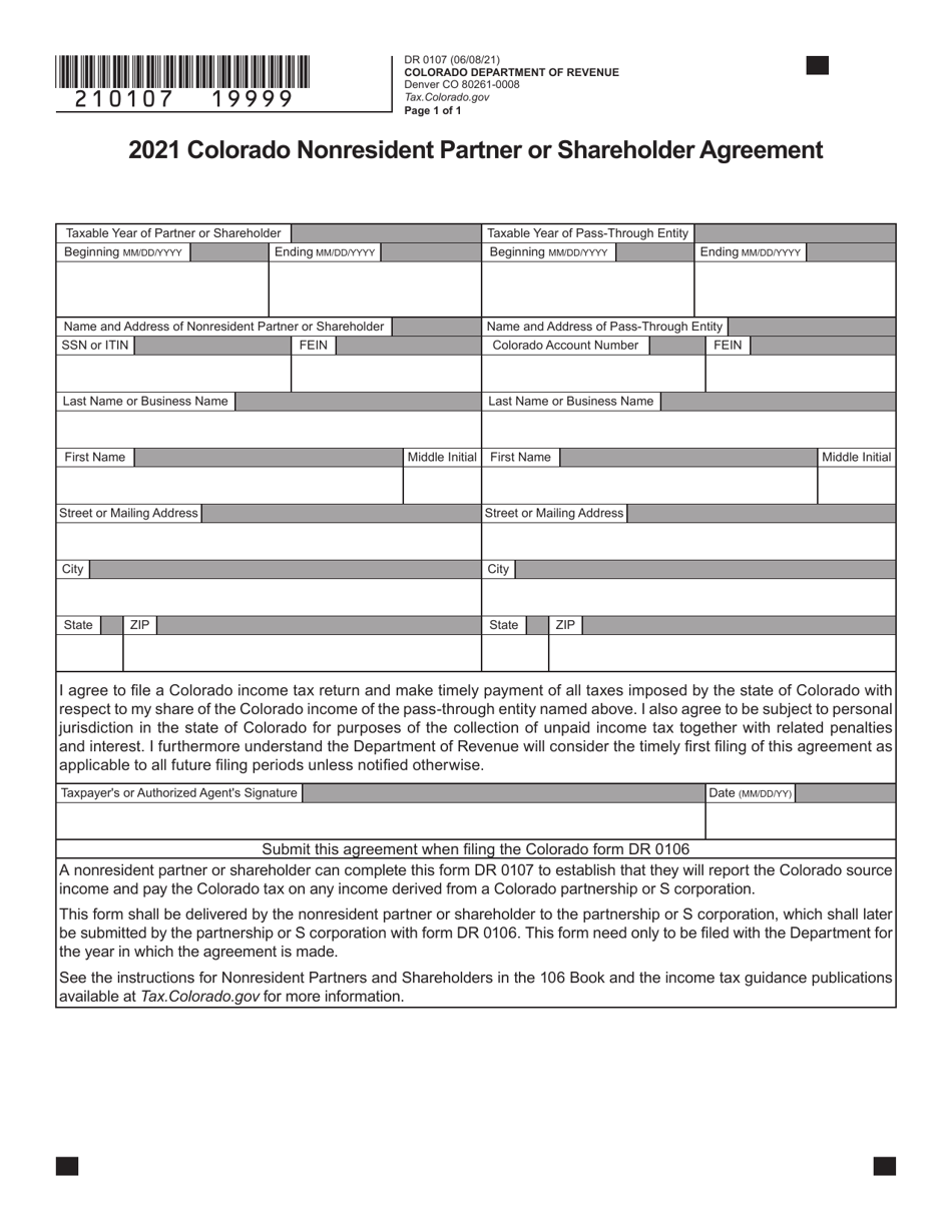 Form DR0107 Download Fillable PDF or Fill Online Colorado Nonresident ...