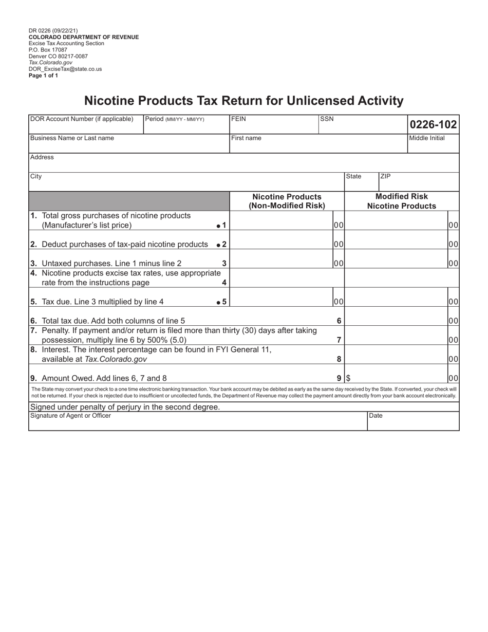 Form DR0226 Download Fillable PDF or Fill Online Nicotine Products Tax ...