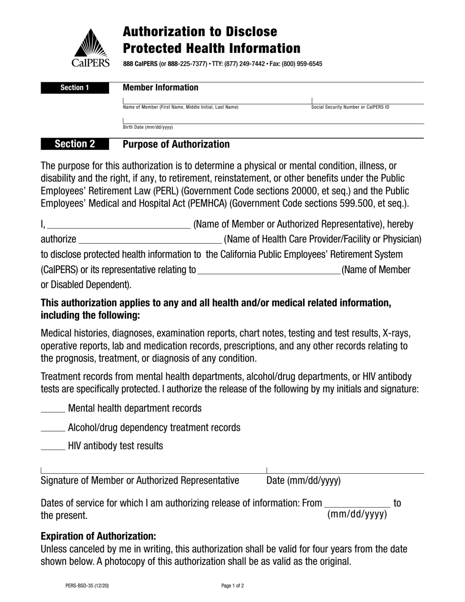 Form PERS-BSD-35 Download Fillable PDF or Fill Online Authorization to Disclose Protected Health ...