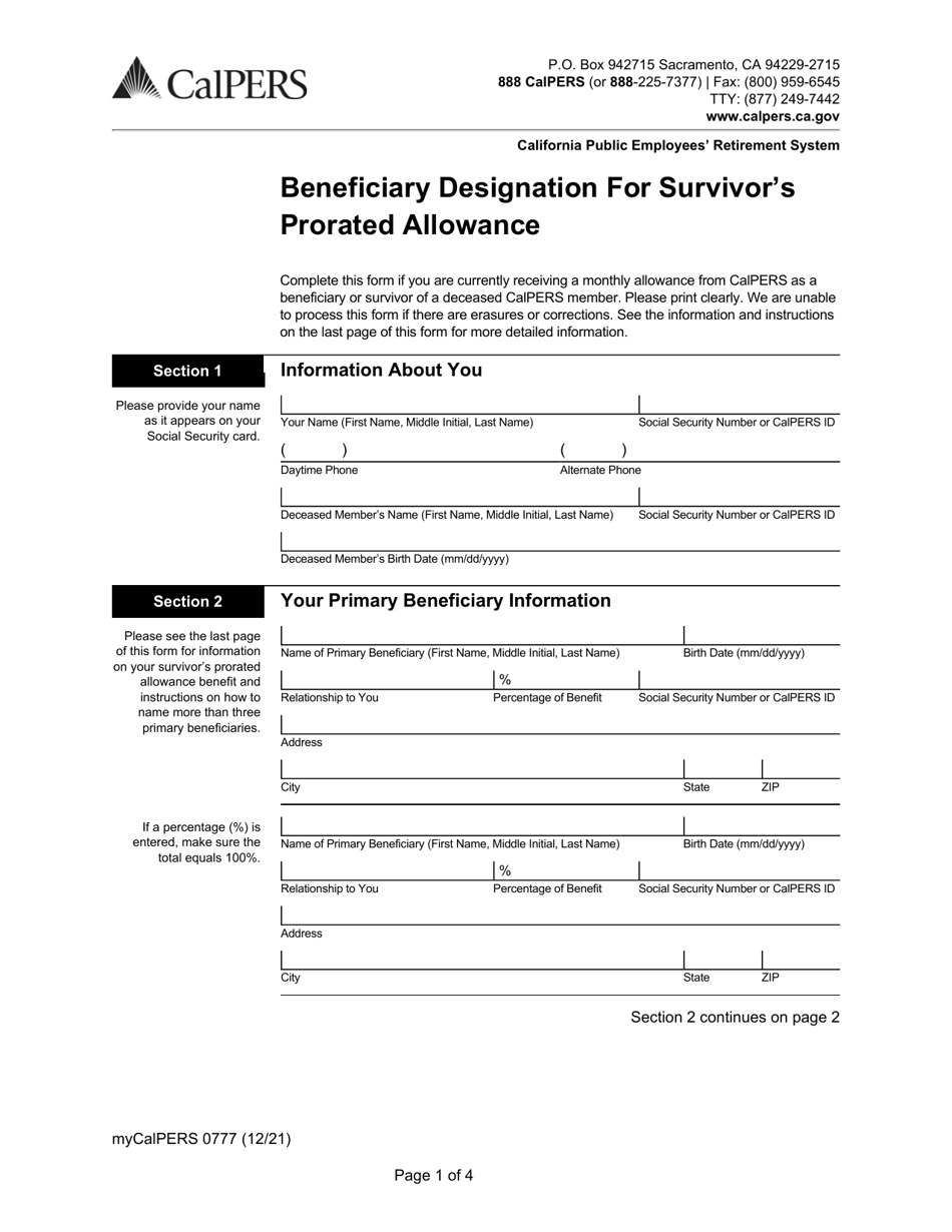 Form my|CalPERS0777 Download Fillable PDF or Fill Online Beneficiary ...