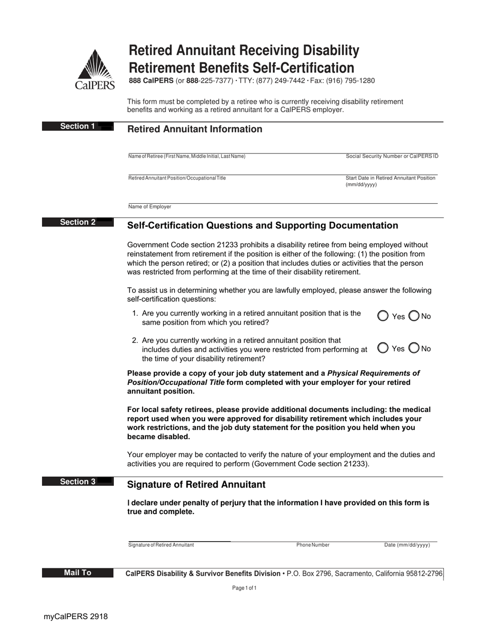 Form myCalPERS2918 - Fill Out, Sign Online and Download Fillable PDF ...