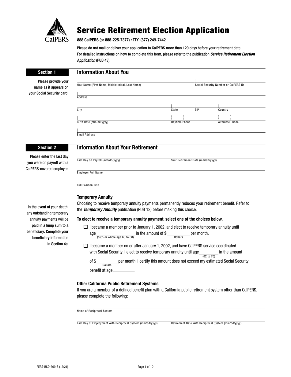 Form PERS-BSD-369-S Download Fillable PDF or Fill Online Service ...