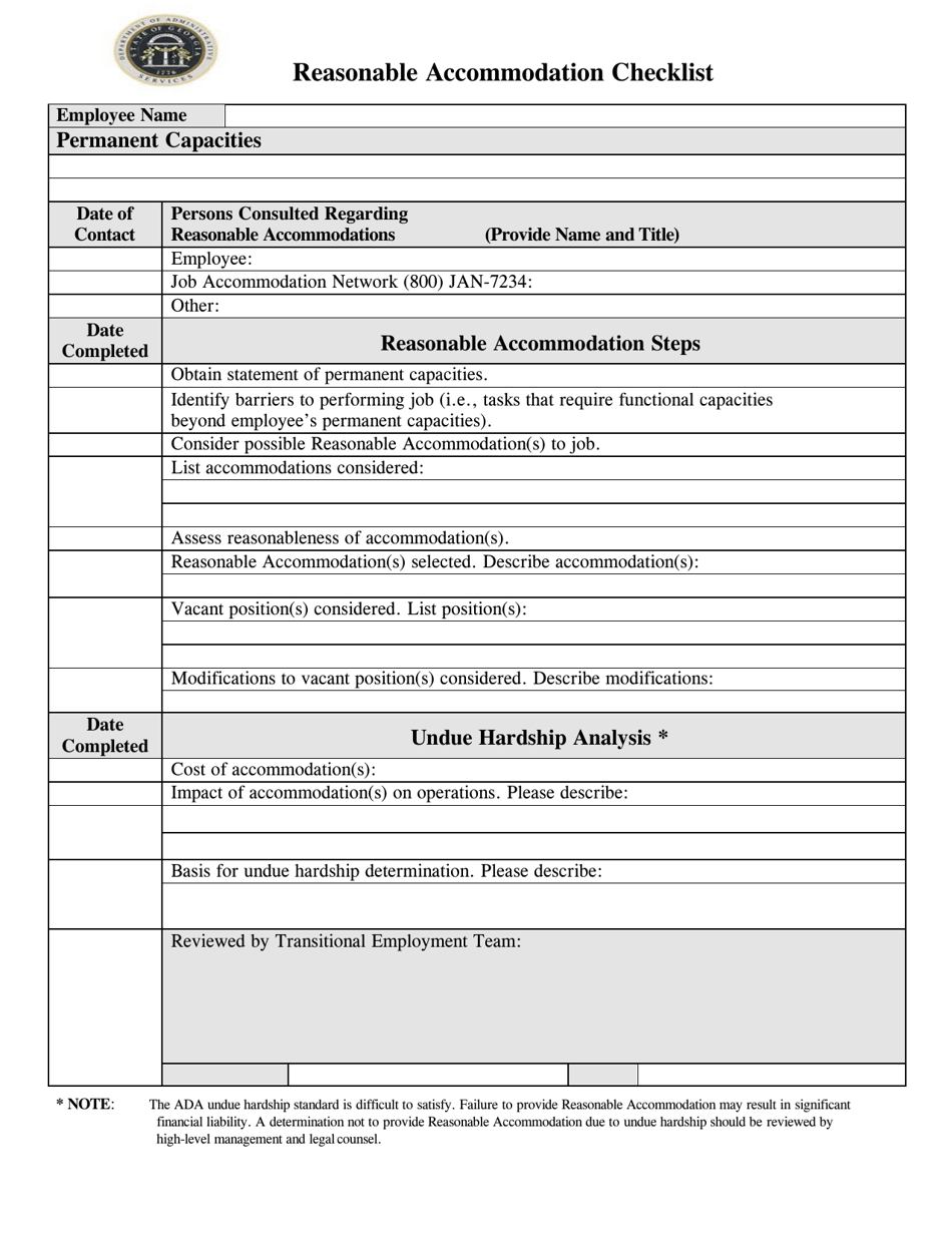 Georgia (United States) Reasonable Accommodation Checklist - Fill Out ...