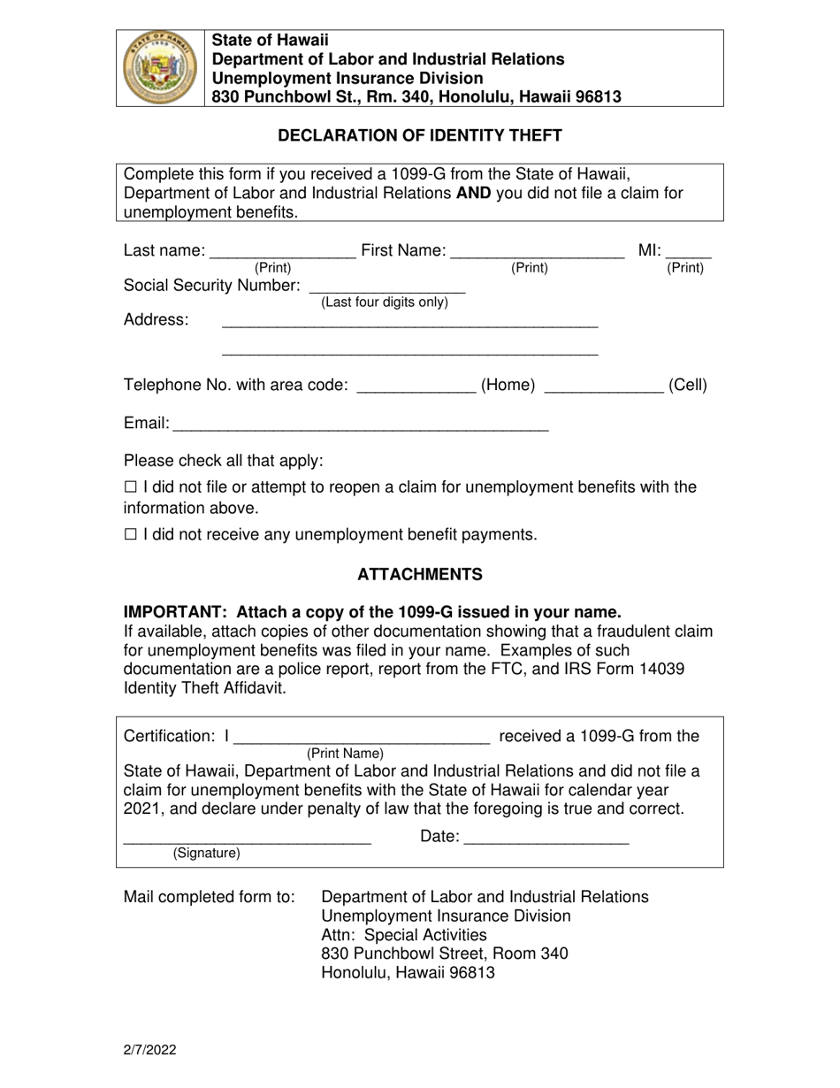 Hawaii Declaration of Identity Theft Download Fillable PDF | Templateroller Hawaii Declaration of Identity Theft Download Fillable PDF | Templateroller