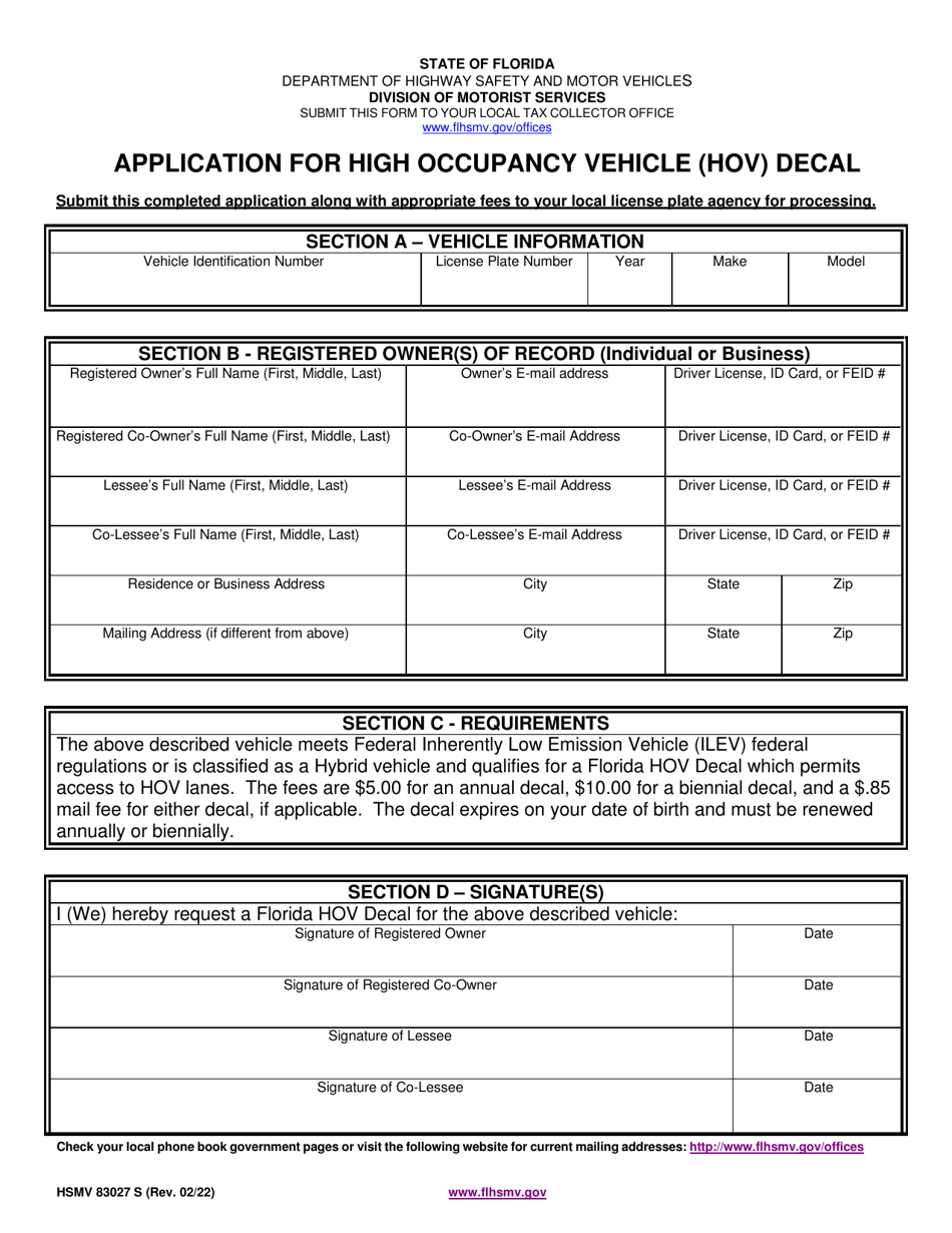 Form HSMV83027 Download Fillable PDF or Fill Online Application for ...