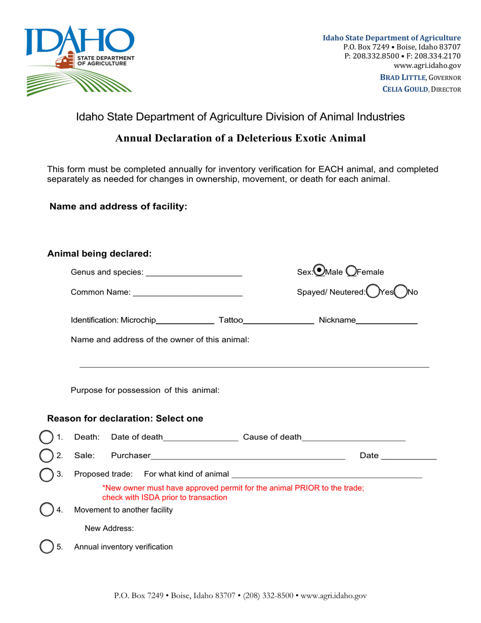 Idaho Annual Declaration of a Deleterious Exotic Animal - Fill Out ...