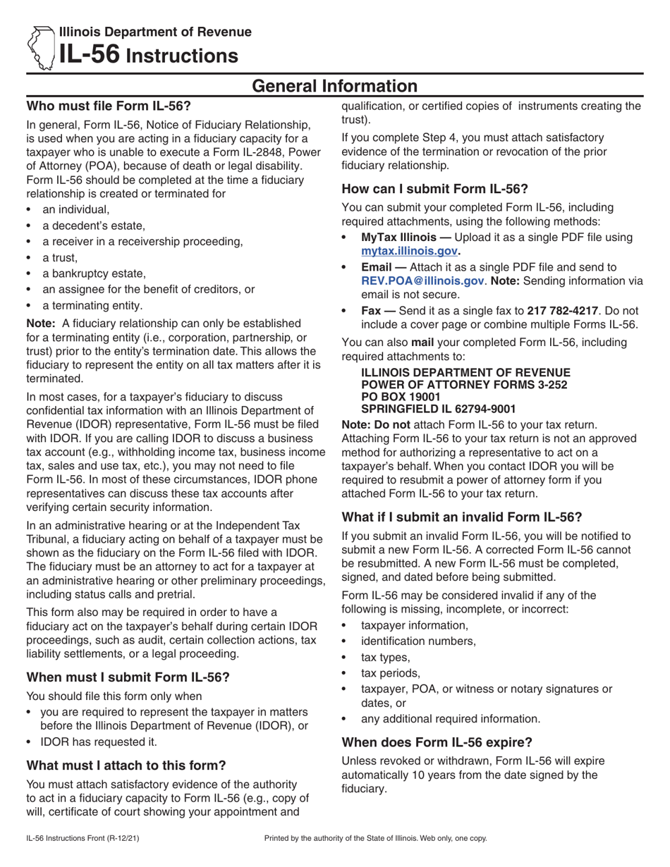 Download Instructions for Form IL-56 Notice of Fiduciary Relationship ...