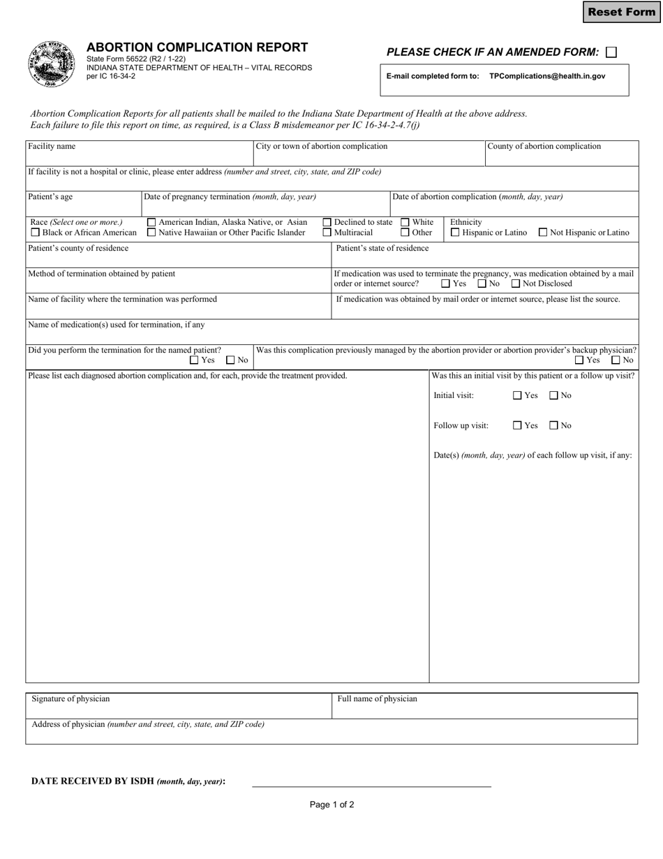 State Form 56522 Download Fillable PDF or Fill Online Abortion Complication Report Indiana ...