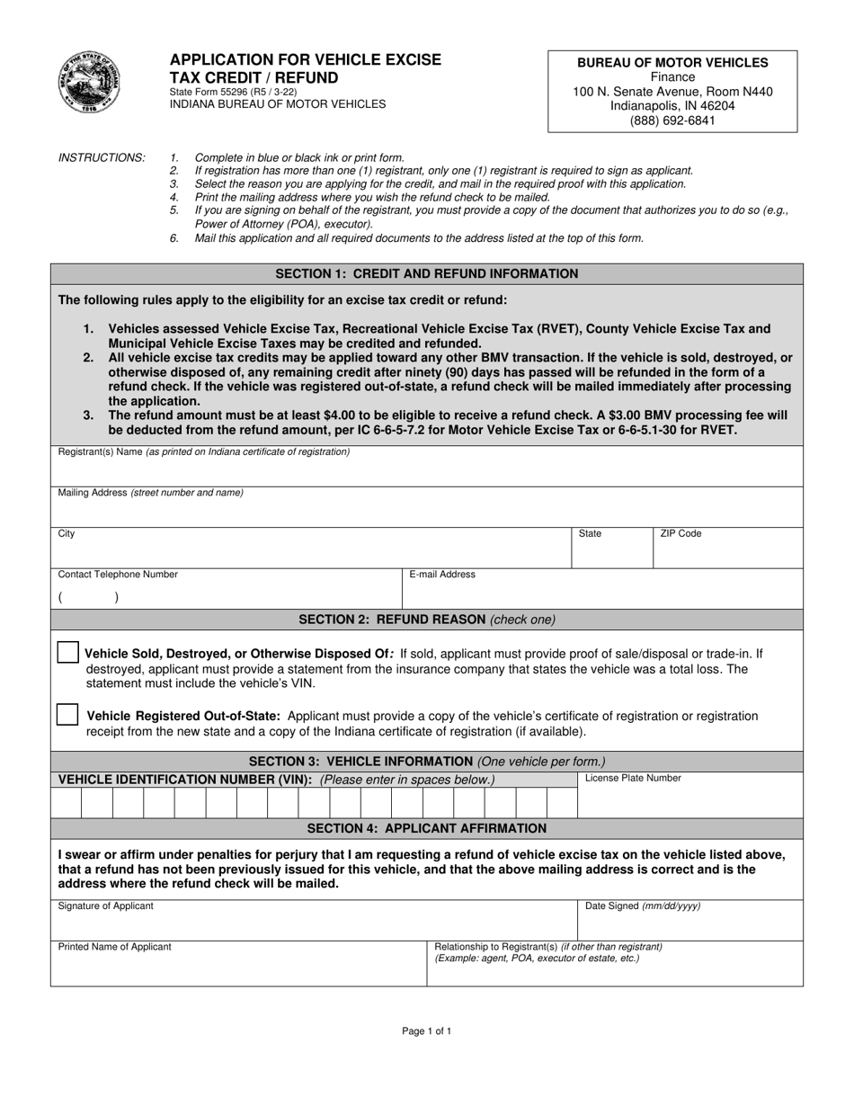 State Form 55296 Download Fillable PDF or Fill Online Application for Vehicle Excise Tax Credit ...