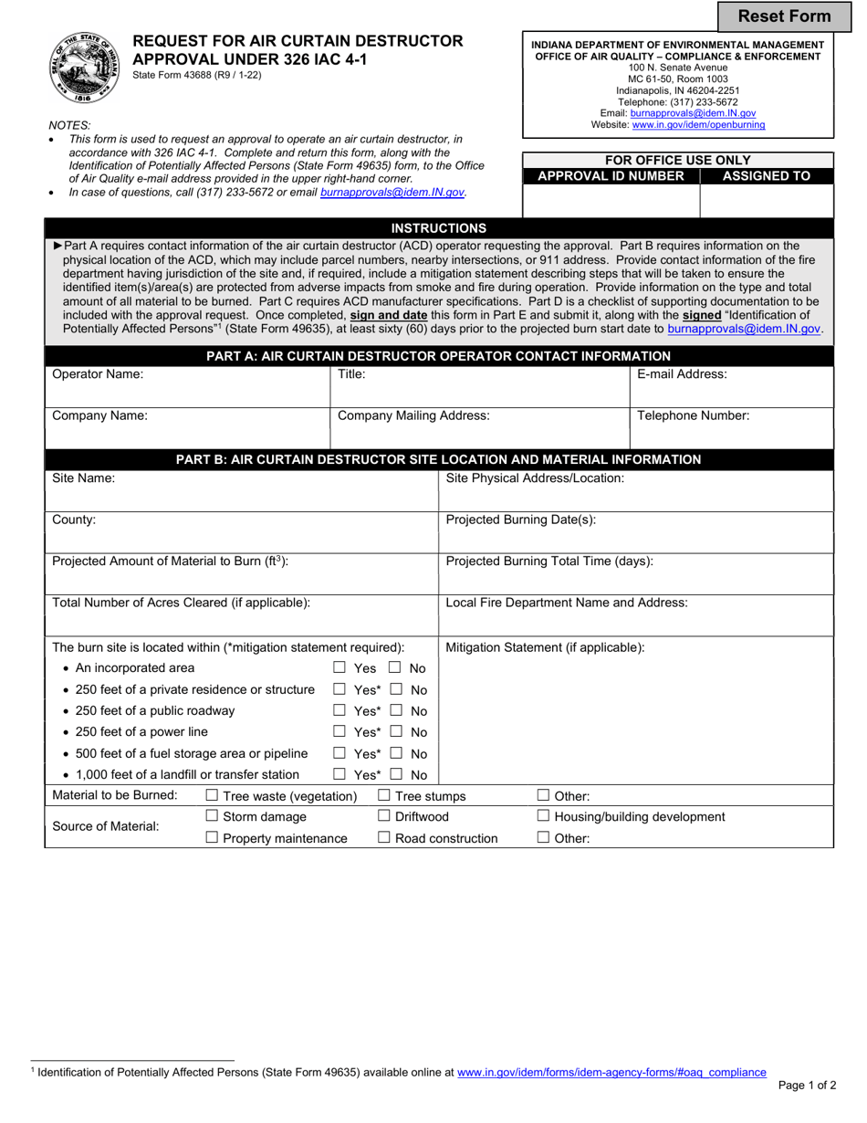 State Form 43688 Download Fillable PDF or Fill Online Request for Air ...