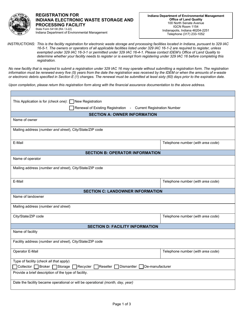 State Form 54138 Download Fillable PDF or Fill Online Registration for ...