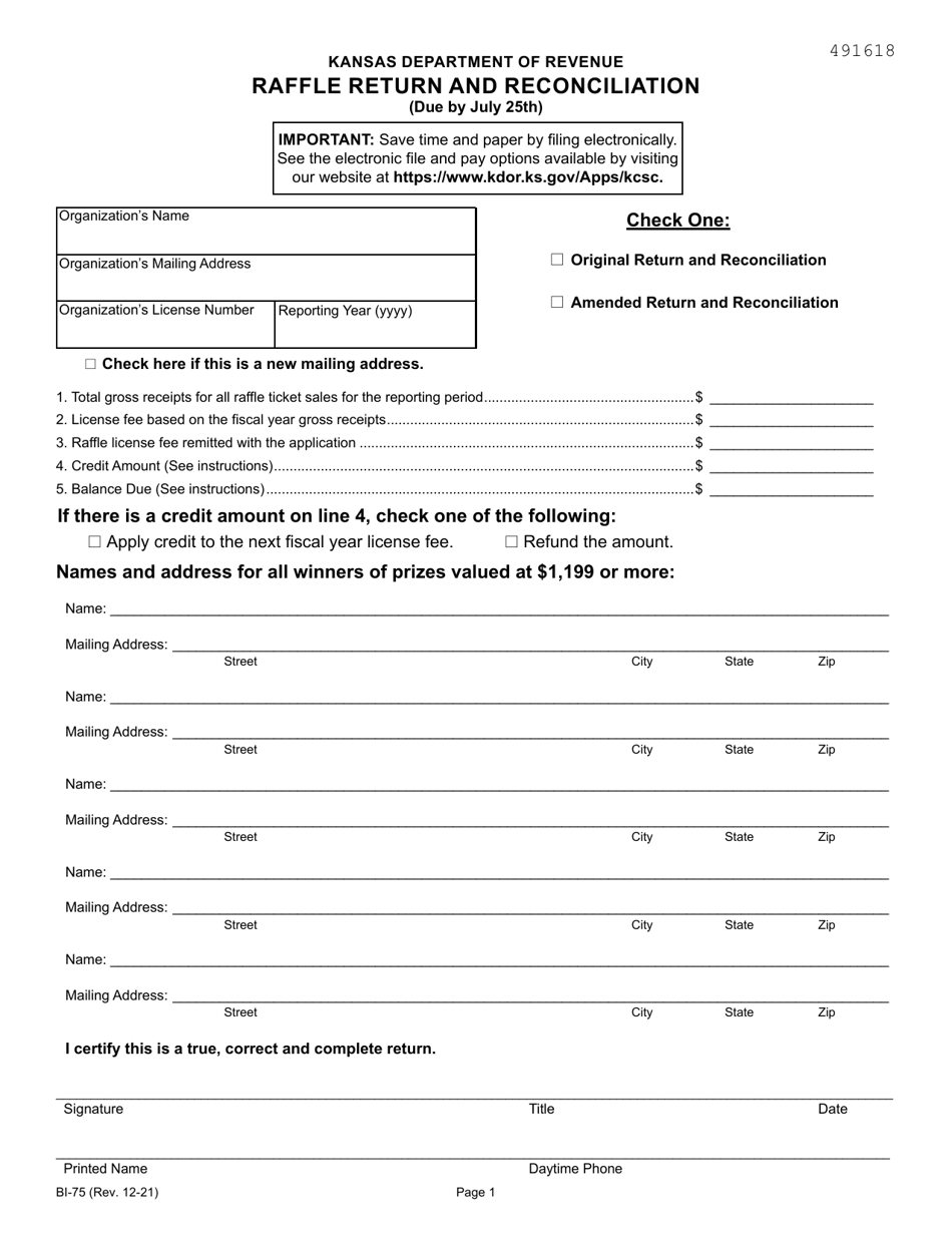 Form BI-75 Download Fillable PDF or Fill Online Raffle Return and ...