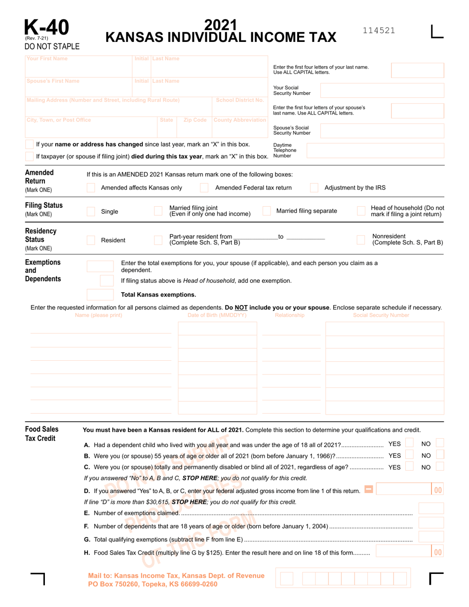 Form K-40 Download Fillable PDF or Fill Online Kansas Individual Income ...