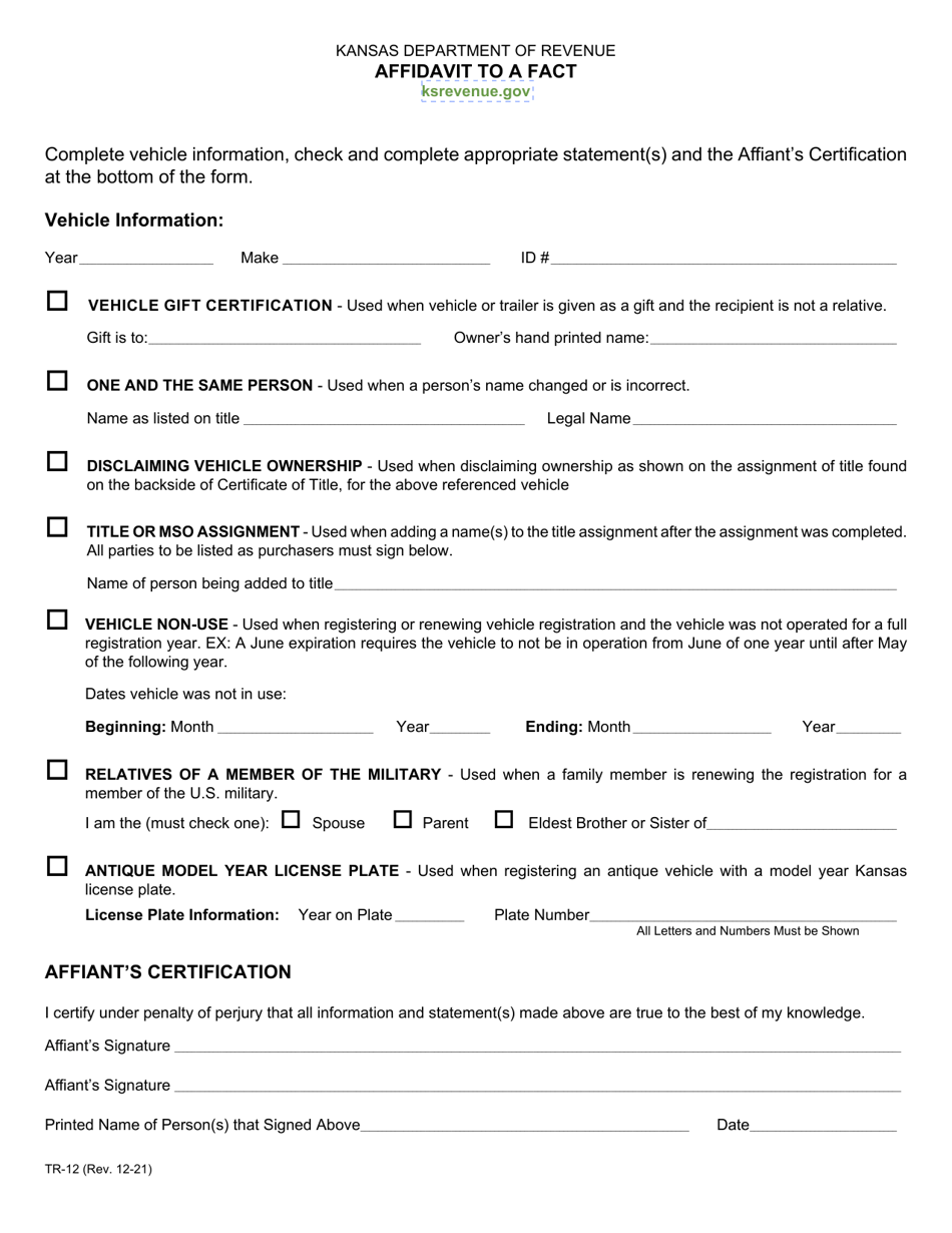 Form TR-12 - Fill Out, Sign Online and Download Fillable PDF, Kansas ...