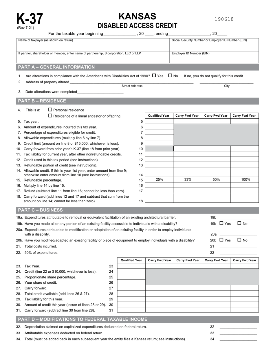 Schedule K-37 Download Fillable PDF or Fill Online Kansas Disabled Access Credit, Kansas 2019 ...