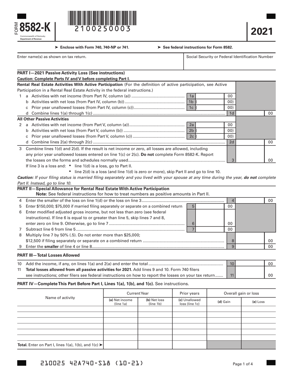 Form 8582-K Download Fillable PDF or Fill Online Kentucky Passive ...
