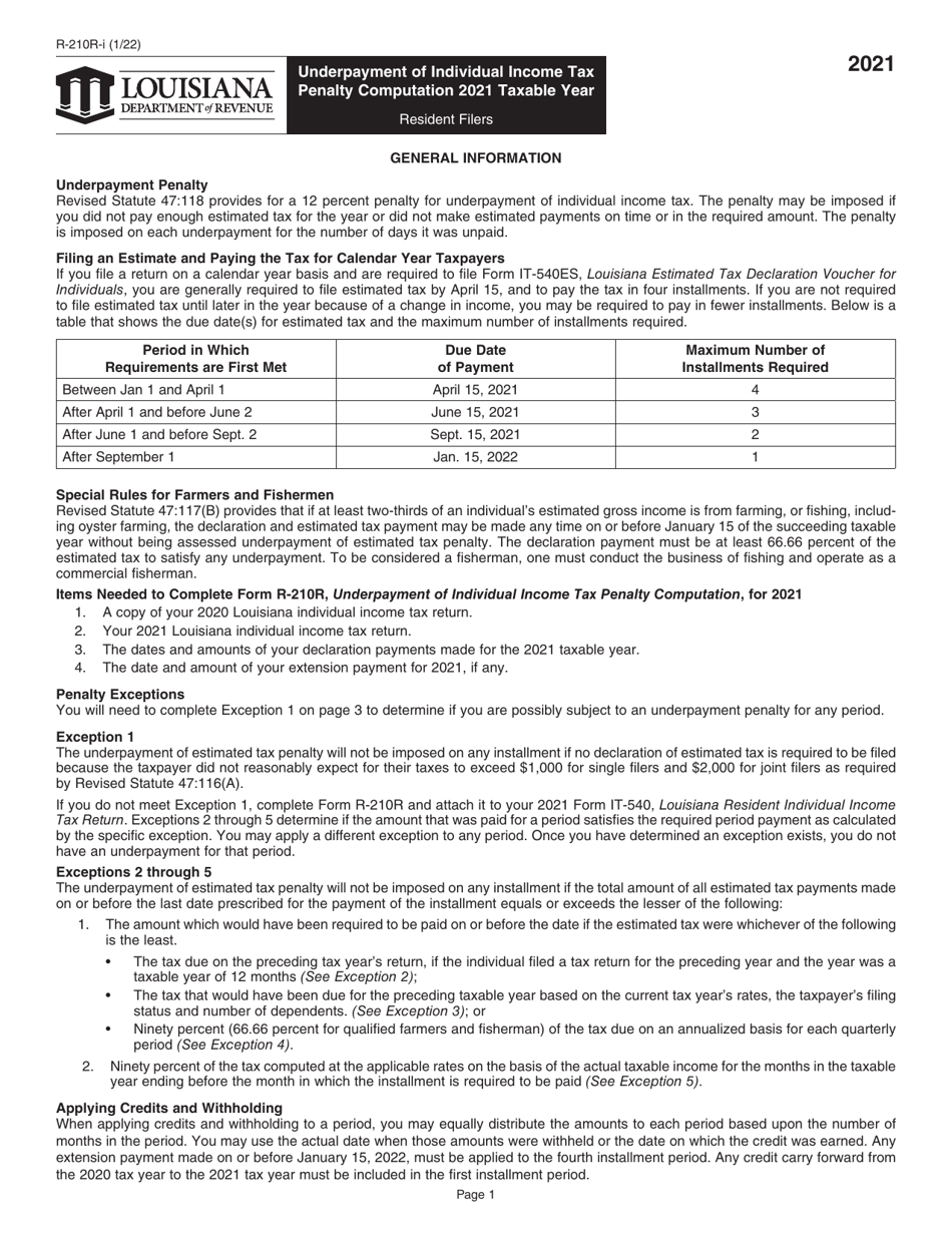Download Instructions for Form R-210R Underpayment of Individual Income ...