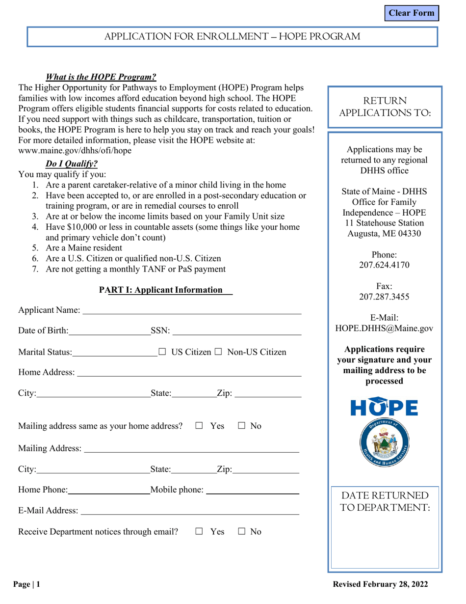 Maine Application for Enrollment - Hope Program Download Fillable PDF ...