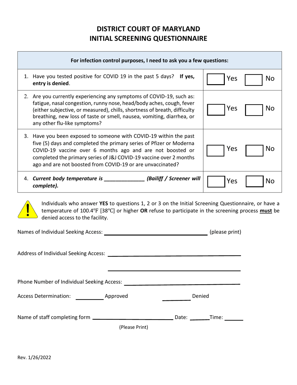 Maryland Initial Screening Questionnaire Download Printable PDF ...