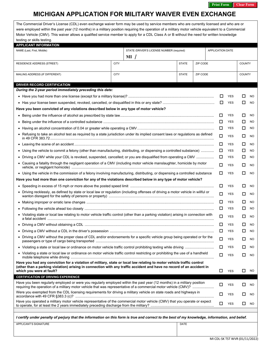 Michigan Michigan Application for Military Waiver Even Exchange - Fill ...