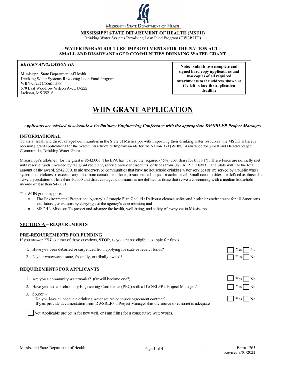 Form 1265 Download Fillable PDF or Fill Online Wiin Grant Application ...