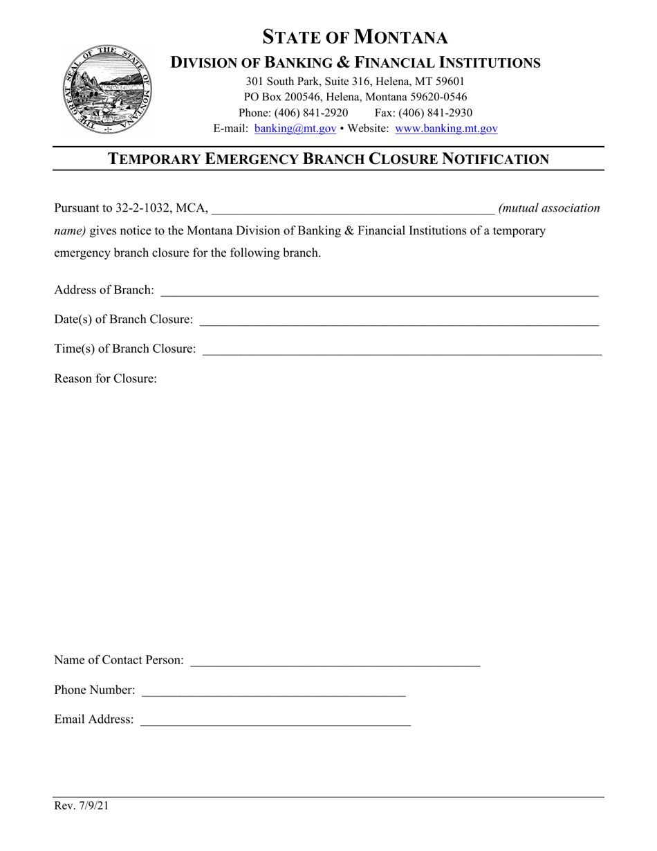 Montana Temporary Emergency Branch Closure Notification Download ...