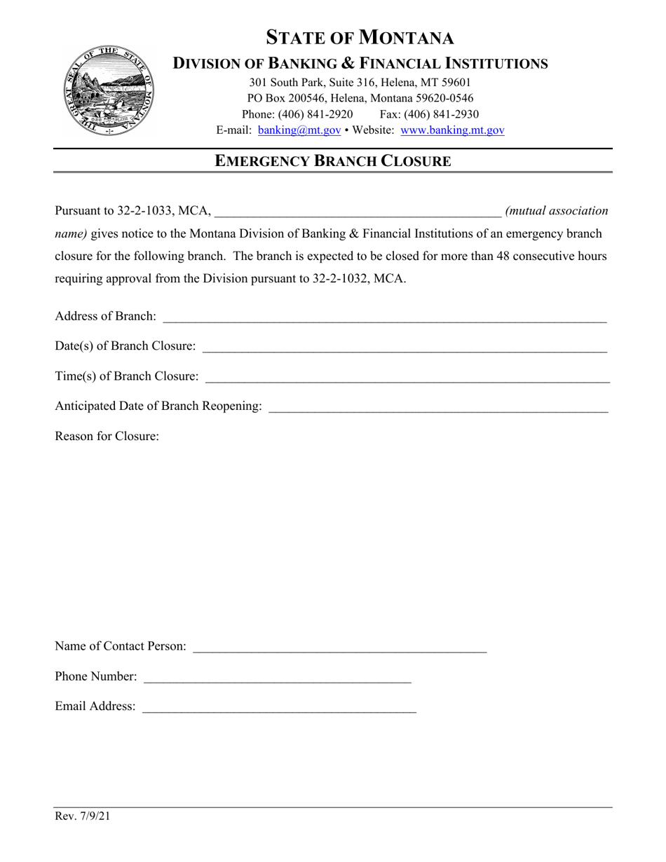 Montana Emergency Branch Closure - Fill Out, Sign Online and Download ...