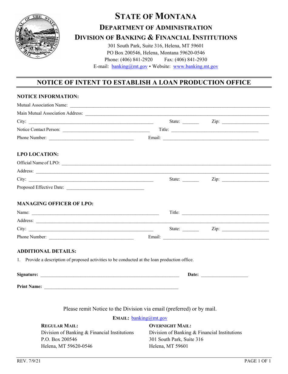 Montana Notice of Intent to Establish a Loan Production Office Download ...