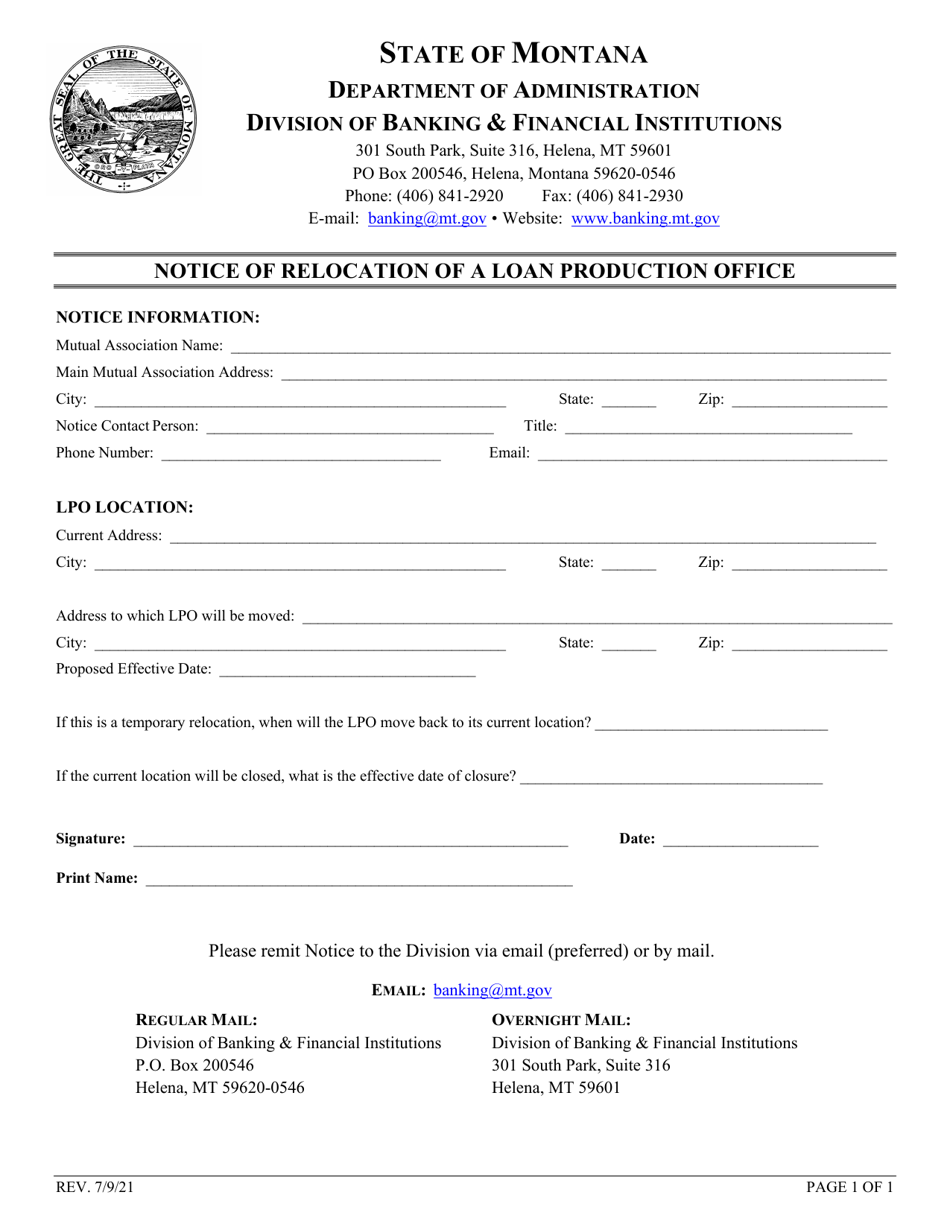 Montana Notice of Relocation of a Loan Production Office Download ...