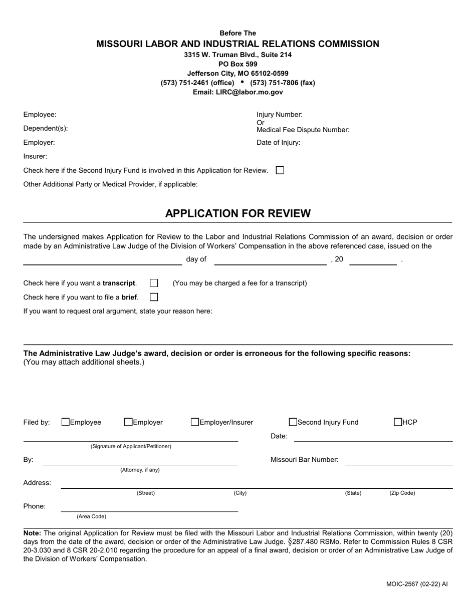 Form MOIC-2567 Download Fillable PDF or Fill Online Application for ...