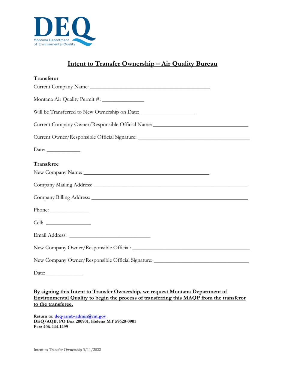 Montana Intent to Transfer Ownership - Air Quality Bureau - Fill Out ...