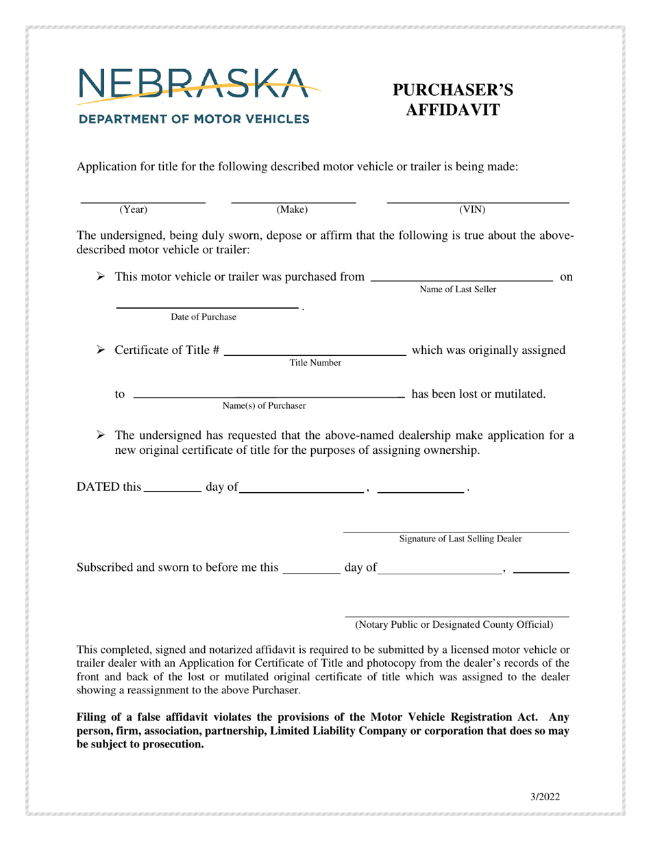Nebraska Purchaser's Affidavit Download Fillable PDF 2021 — 2025 | Templateroller