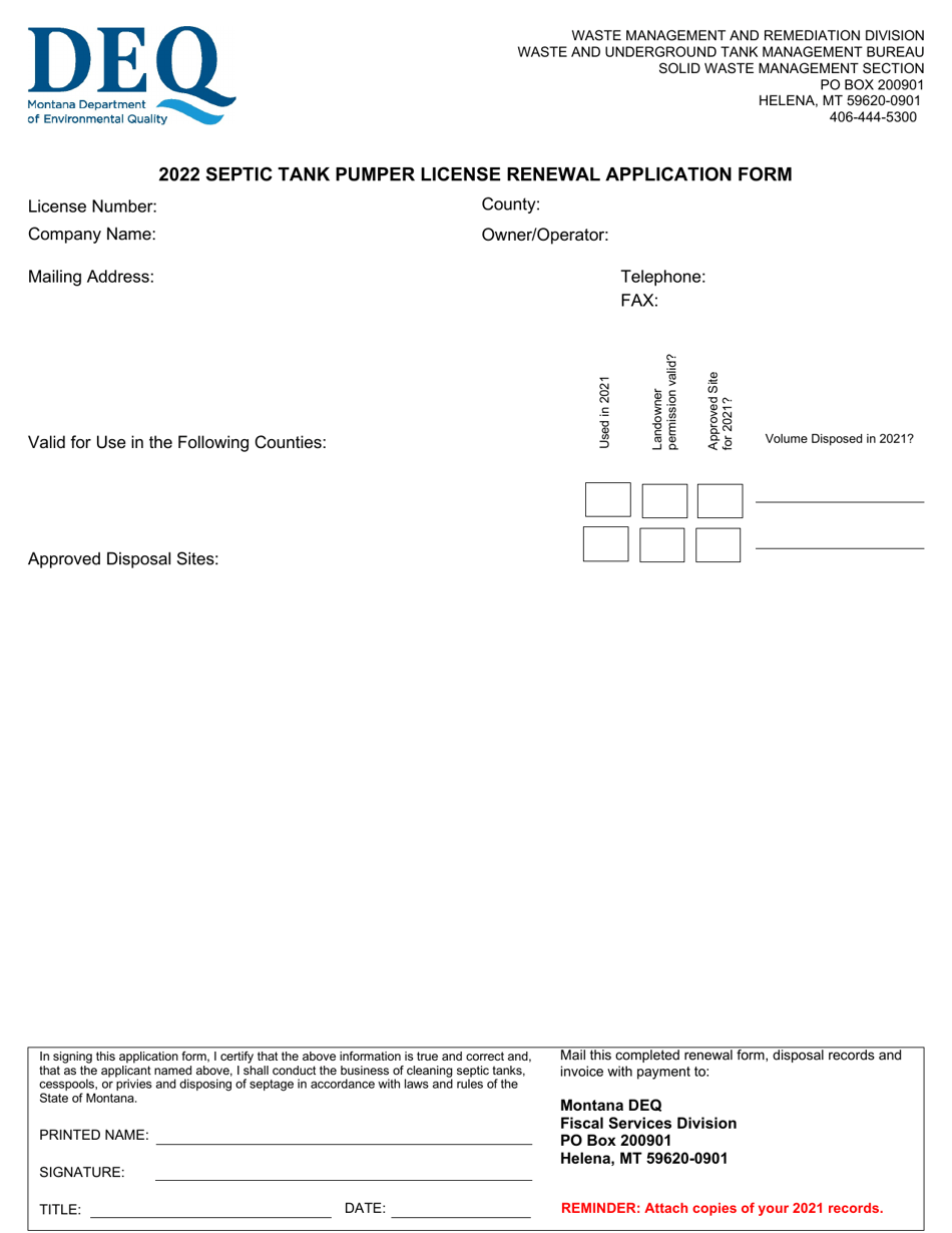 2022 Montana Septic Tank Pumper License Renewal Application Form ...