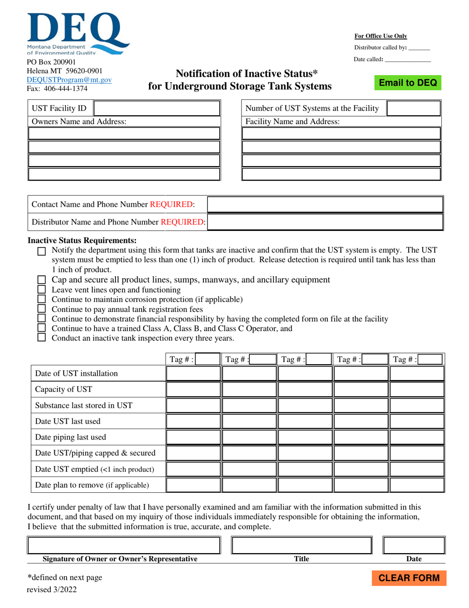 Montana Notification of Inactive Status for Underground Storage Tank ...